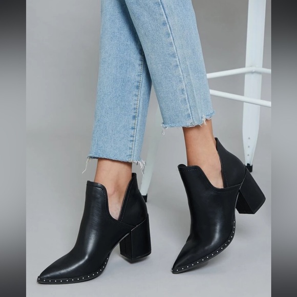 SHEIN | Shoes | Studded Pointed Toe Split Shaft Block Heel Booties ...